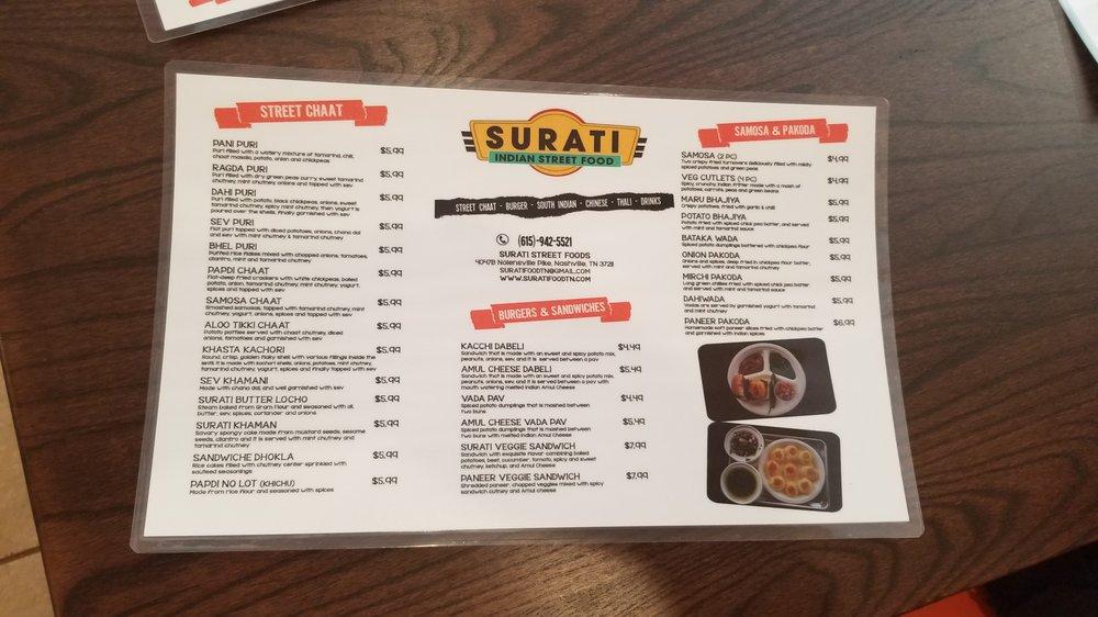 Menu at Surati Indian Street Food restaurant, Nashville