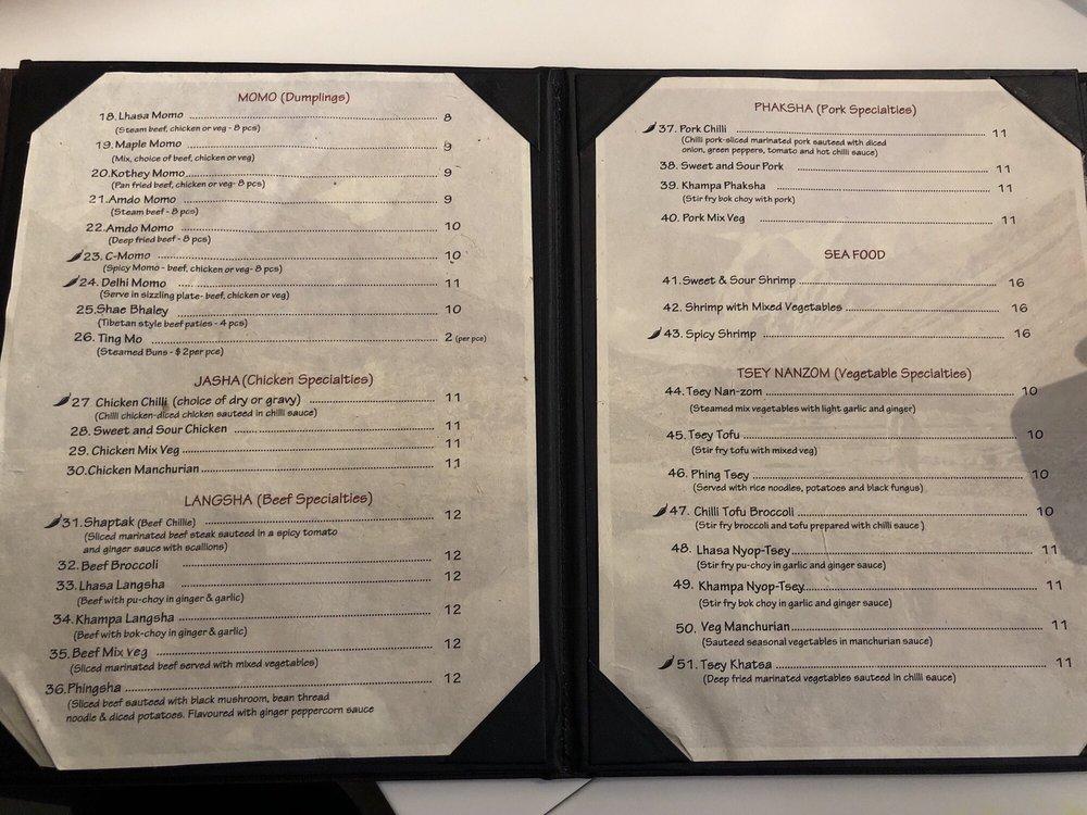 Menu at Tibet Kitchen restaurant, Toronto
