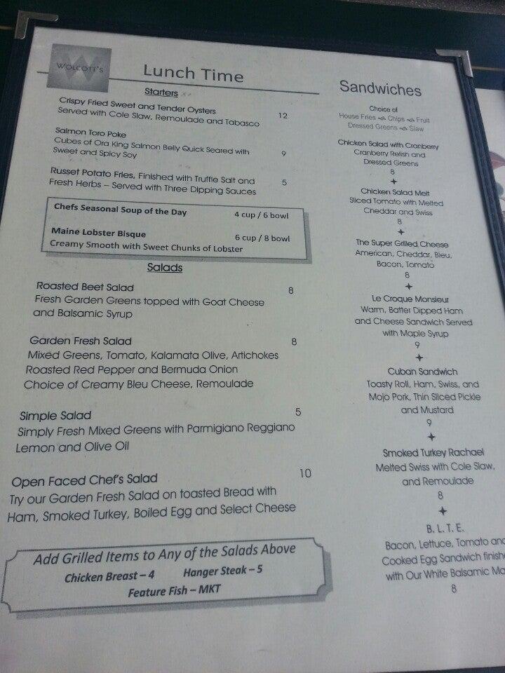Menu at Wolcott's restaurant, Southern Pines