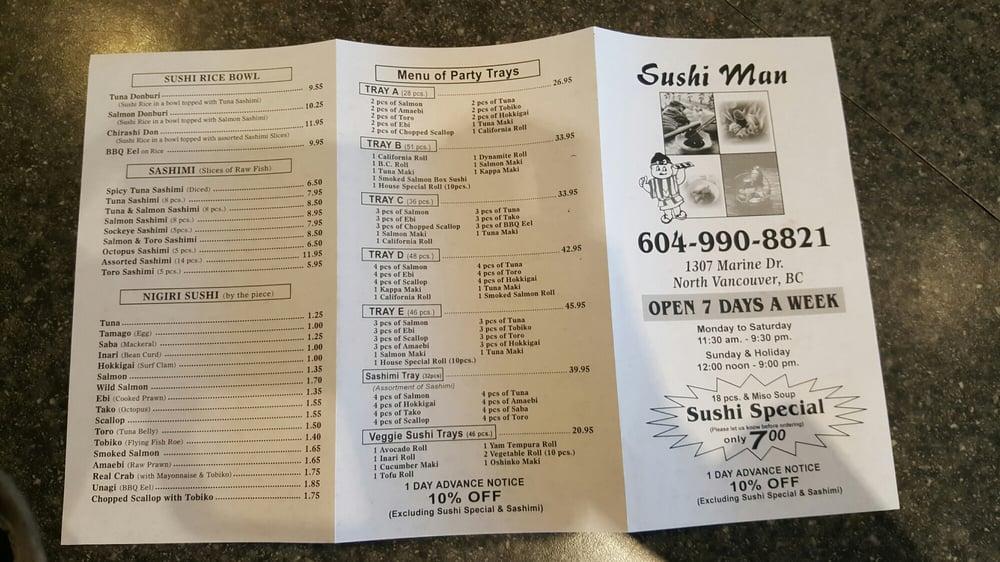 Menu at Sushi Man restaurant, North Vancouver