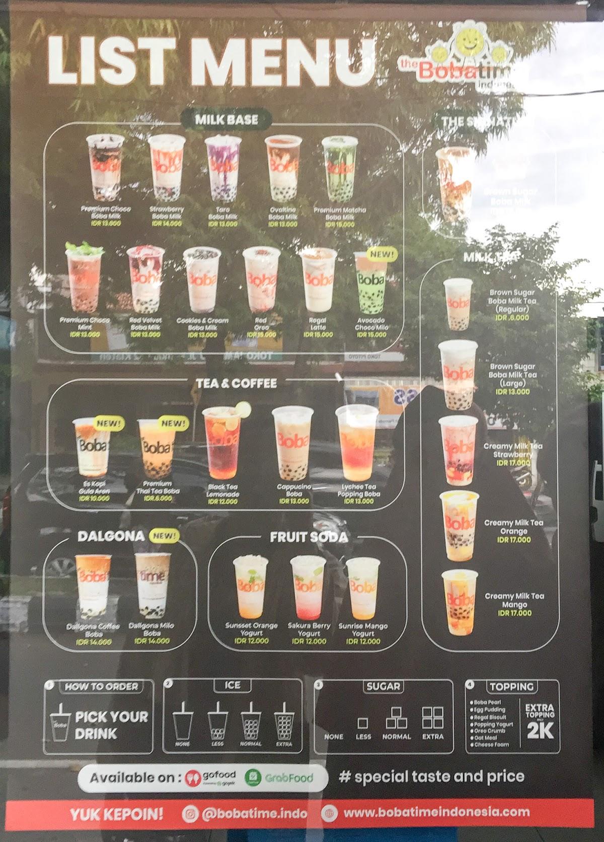 Menu at Boba Time cafe, Klaten