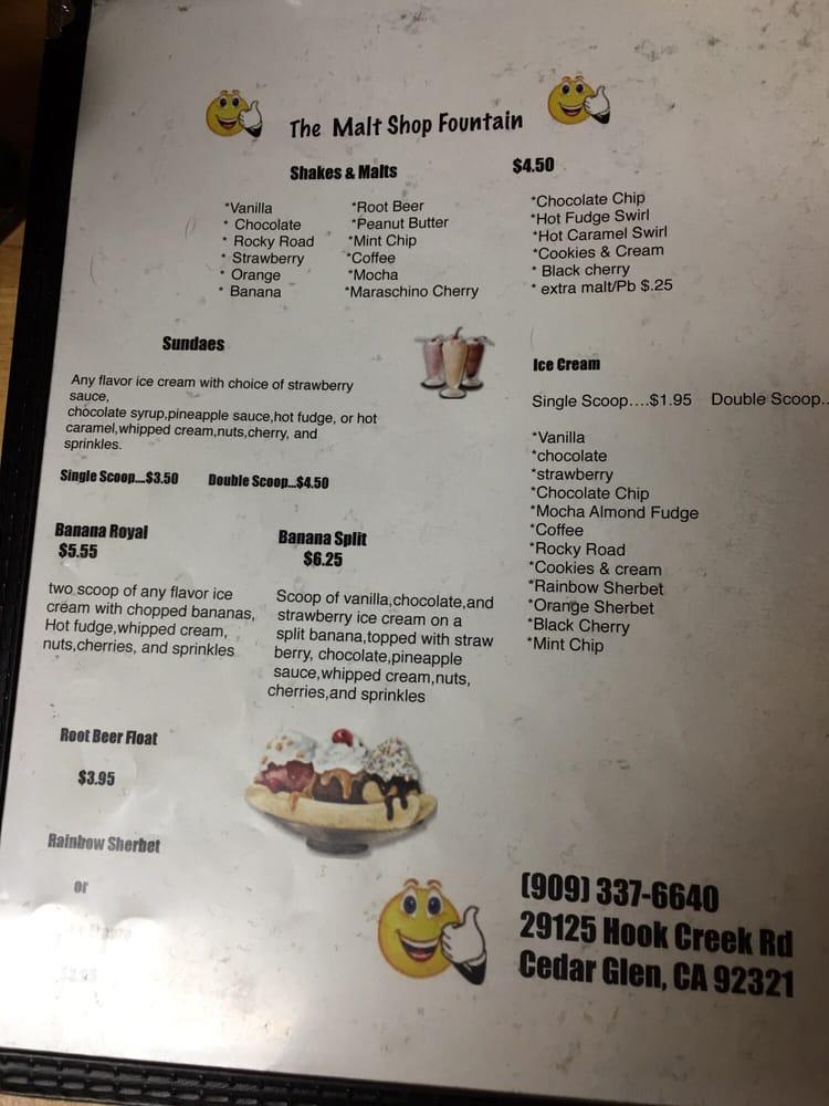 Menu at Cedar Glen Malt Shop restaurant, Lake Arrowhead