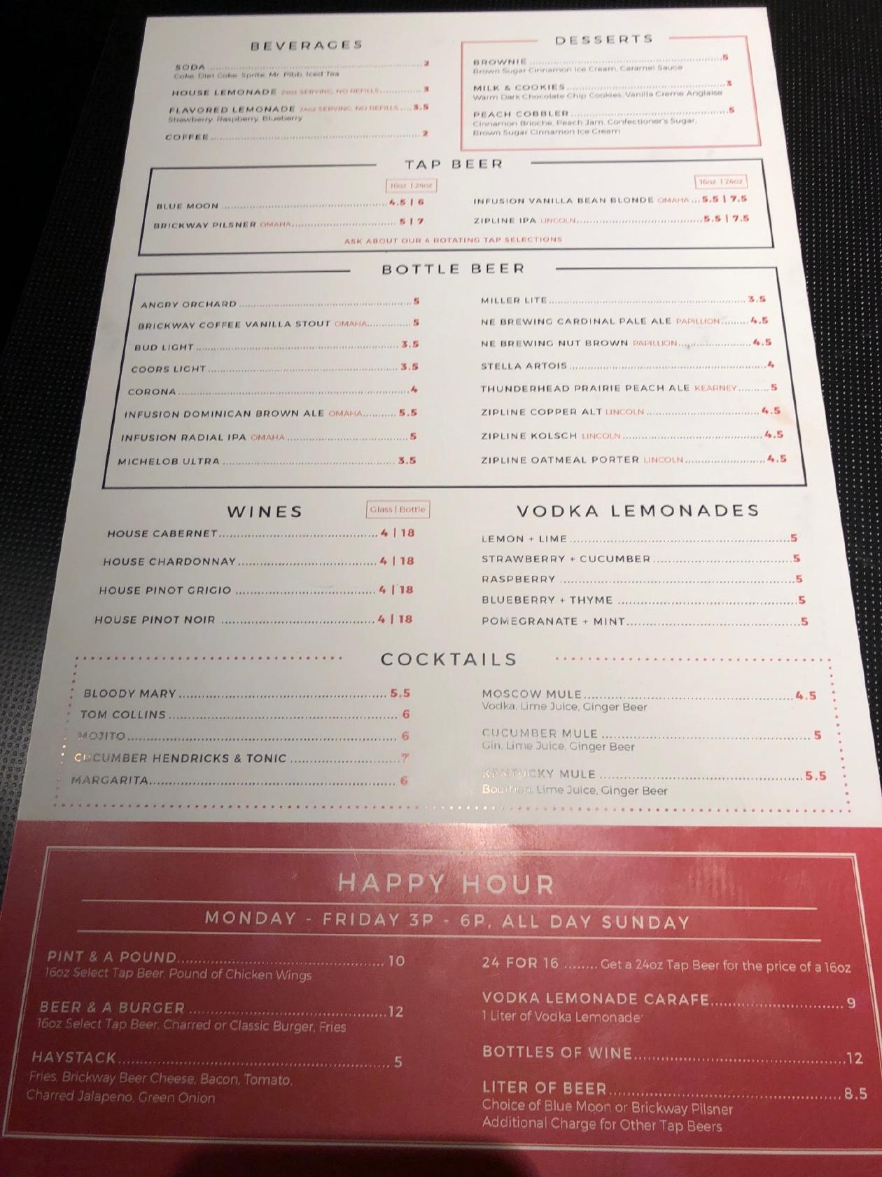 Carta de Charred Burger + Bar, Omaha, Sterling Ridge Dr #107