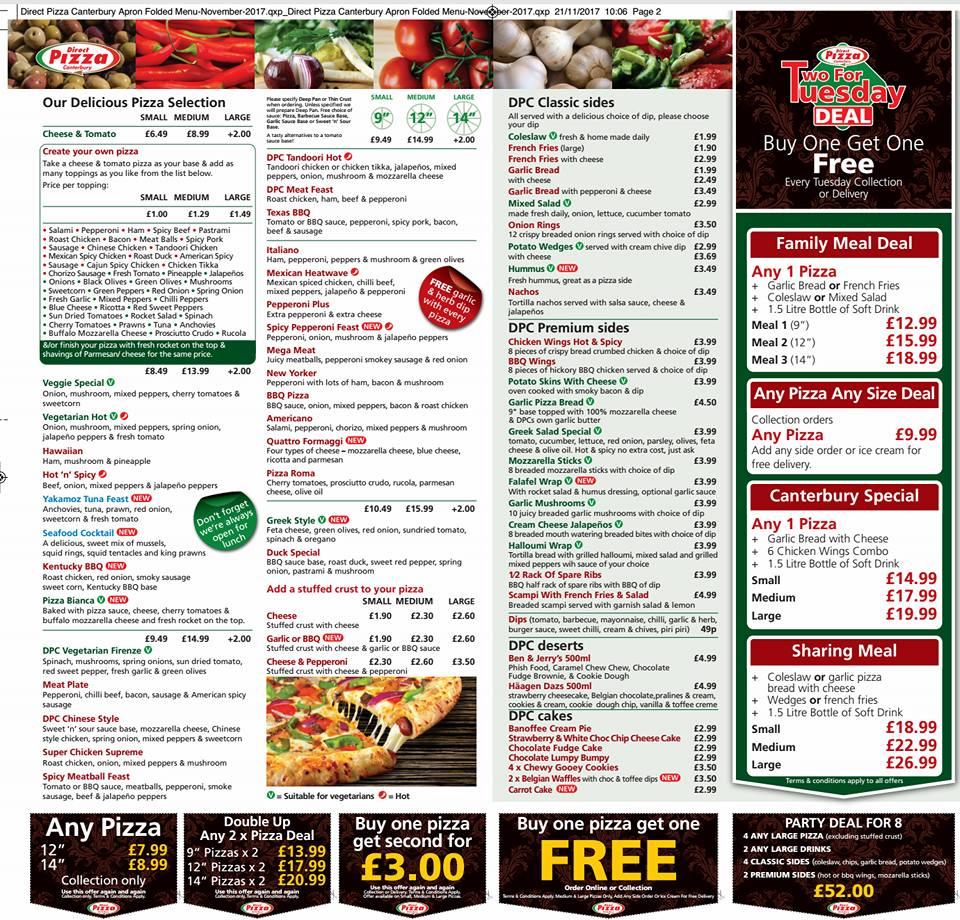 Menu at Direct Pizza - Canterbury fast food, Canterbury