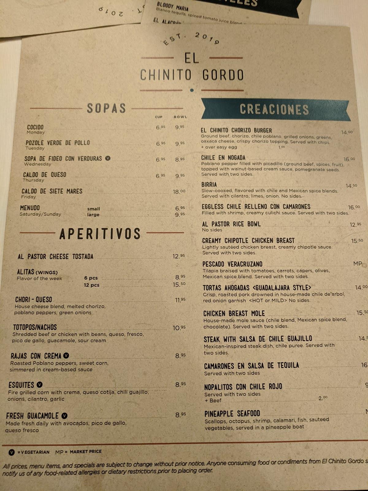 Menu at El Chinito Gordo restaurant, Tucson