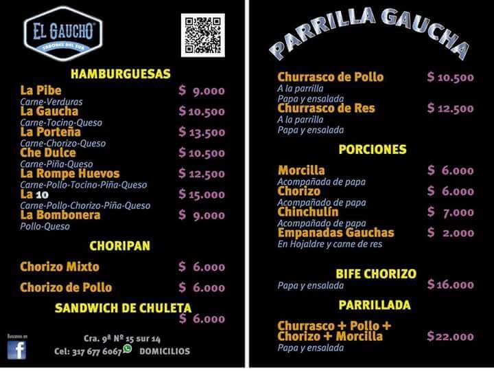 Menu at El Gaucho restaurant, Yumbo