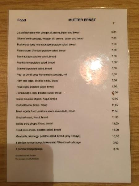 Speisekarte von Gaststätte Mutter Ernst restaurant, Frankfurt am Main