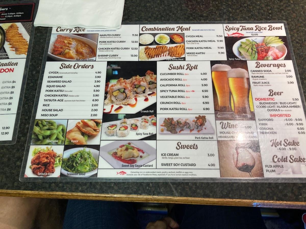 Menu at Naruto Japanese Restaurant, Anchorage