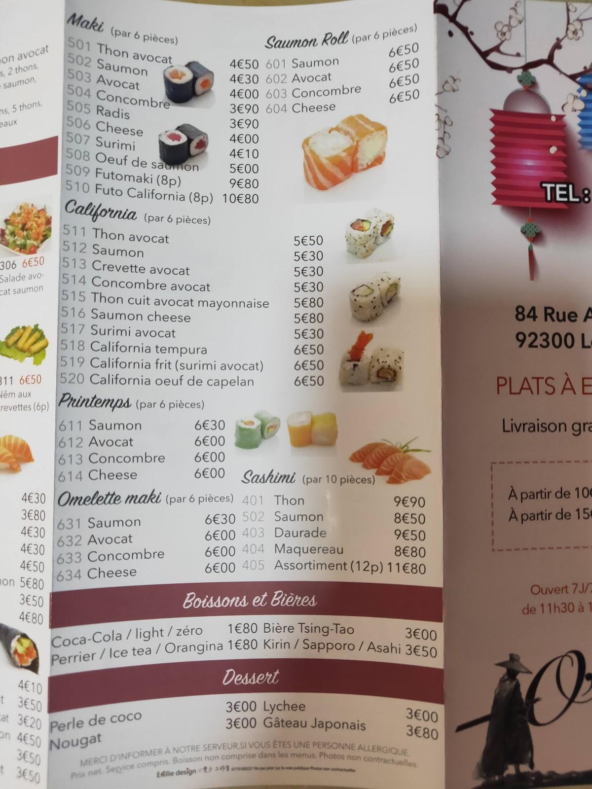Menu at O'bon Sushi restaurant, Levallois-Perret