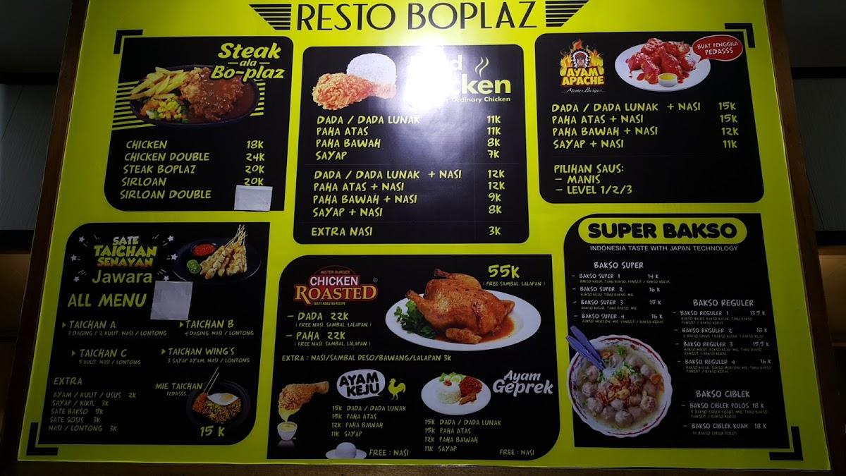 Menu at Resto Boplaz restaurant, Yogyakarta