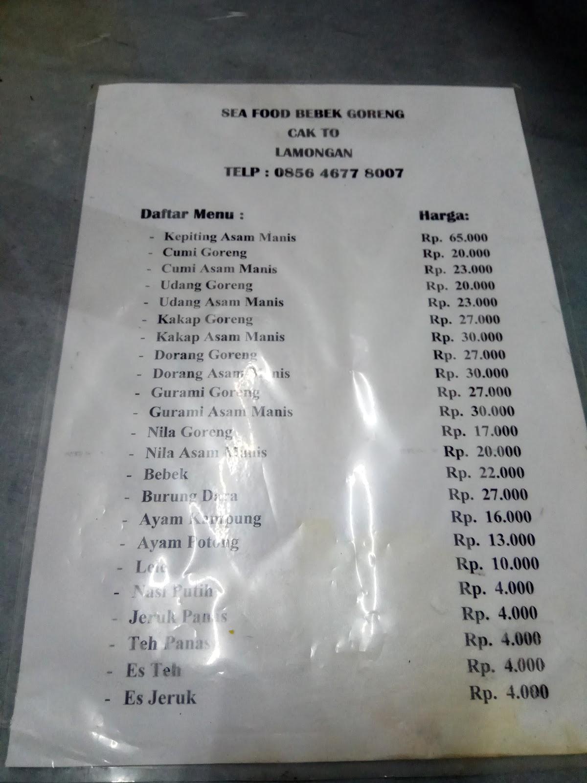Menu at Seafood Cak To restaurant, Malang