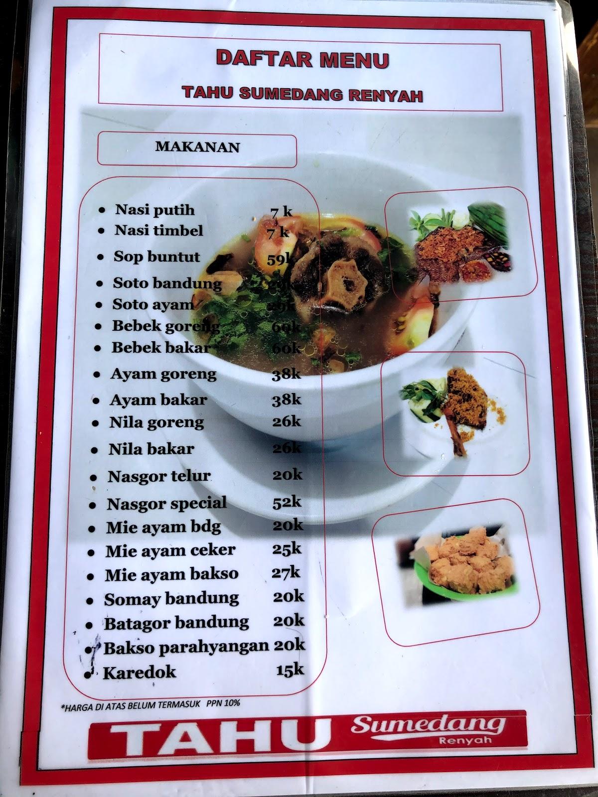 Carta del restaurante Tahu Sumedang Renyah, Indonesia, 6GRV+VVH