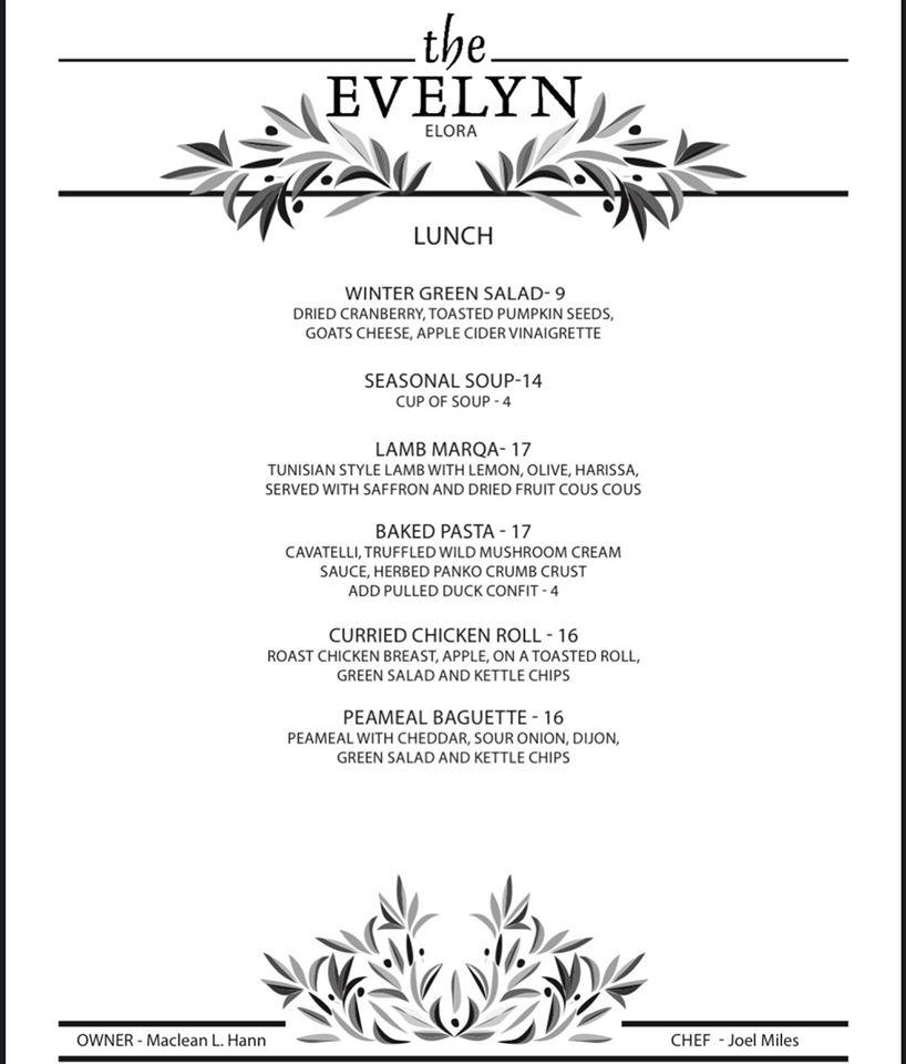 Menu at The Evelyn restaurant, Elora