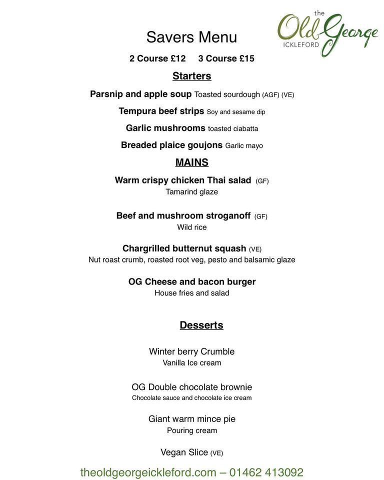 Menu at The Old George pub & bar, Ickleford
