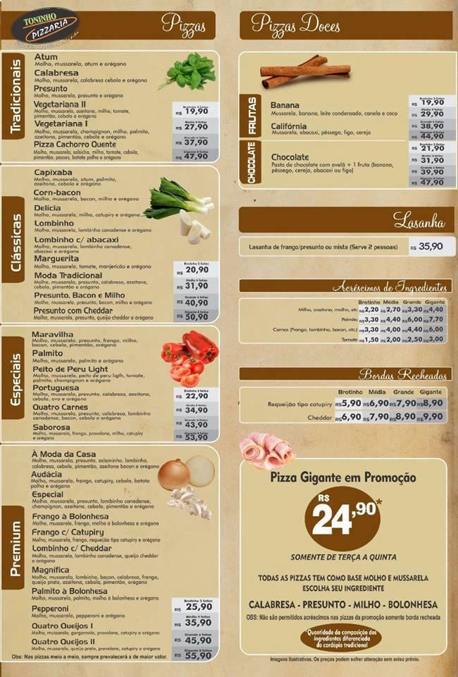 Menu at Toninho Pizzas e sanduíches pizzeria, Contagem
