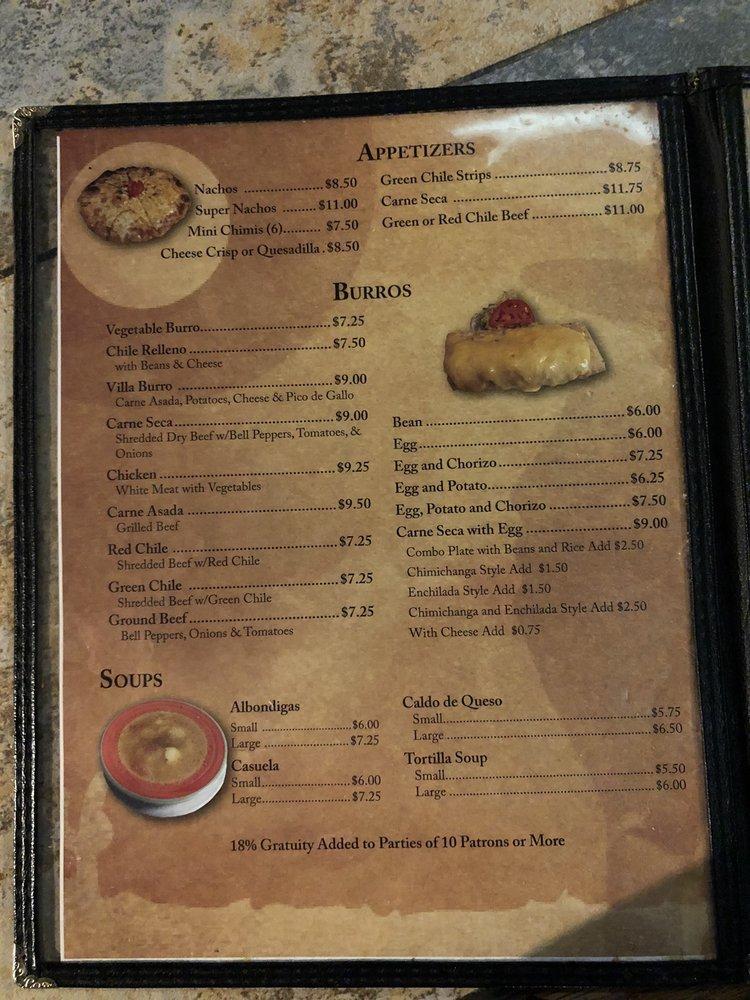 Menu at Villa Mexican Food restaurant, Tucson