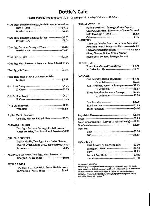 Menu at Dottie's Cafe, Dubuque