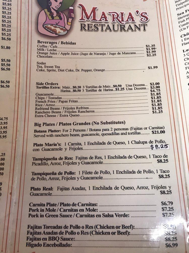 Menu at Maria's Restaurant, McAllen