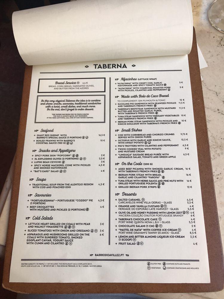 Menu at Taberna - Bairro do Avillez restaurant, Lisbon, Rua Nova da ...