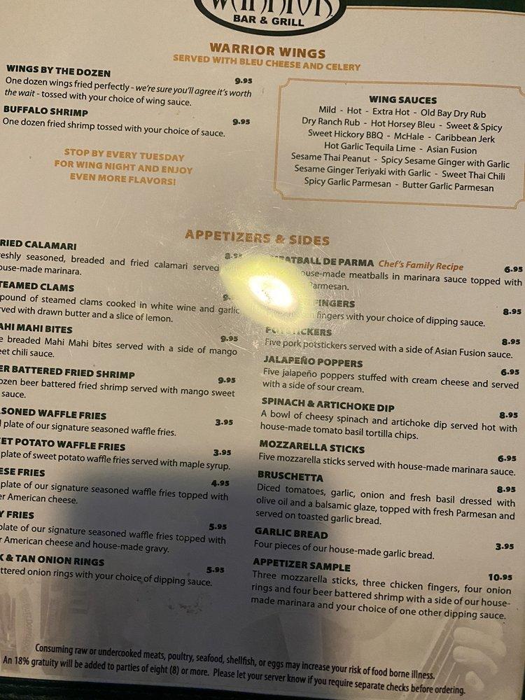 Menu at The Warrior Grill pub & bar, Stroudsburg