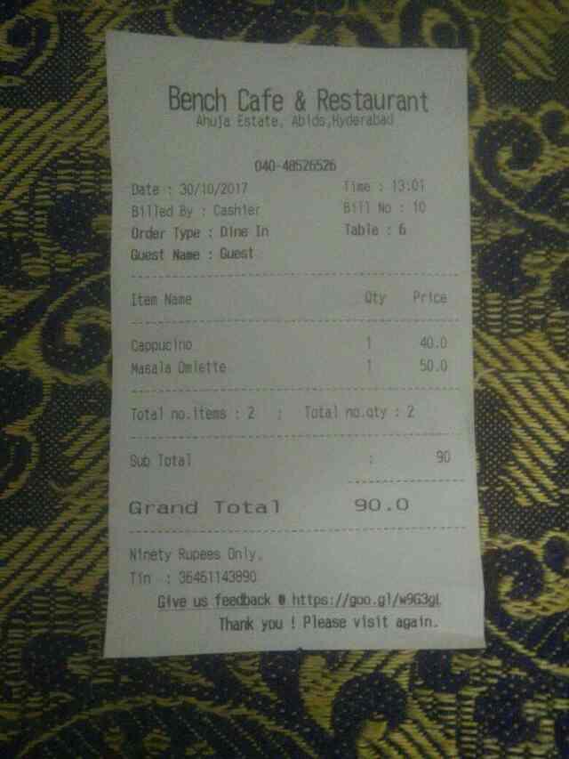 Menu at Bench Cafe & Restaurant, Hyderabad