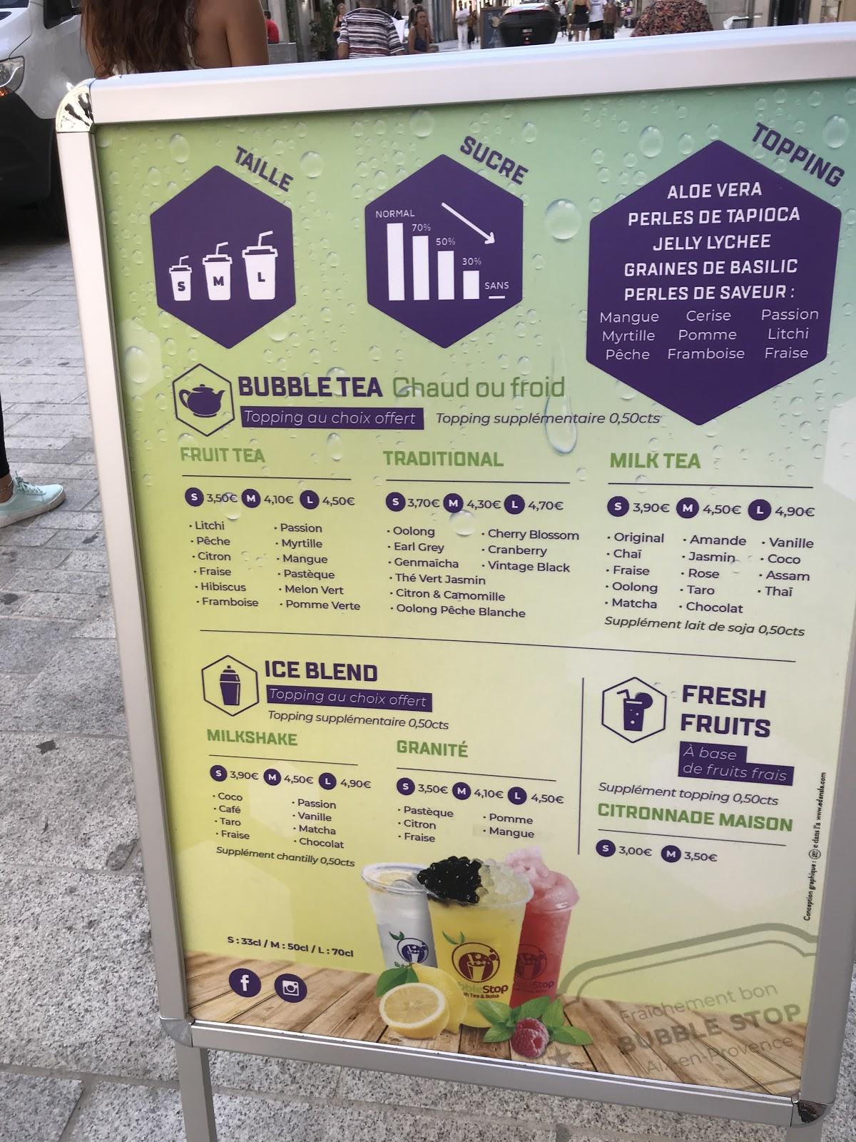 Menu at Bubble stop, Lyon