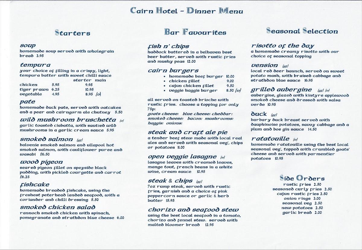 Menu at Cairn Hotel restaurant, Carrbridge