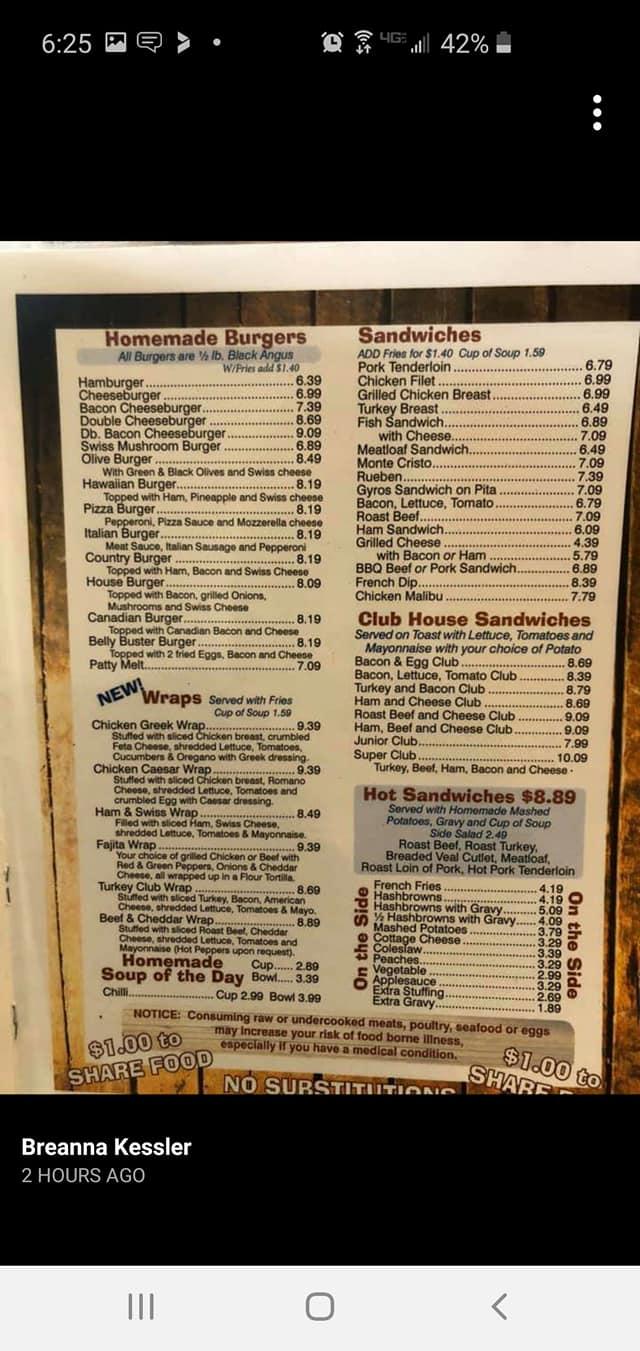 Menu at Howe restaurant, Howe, IN-9