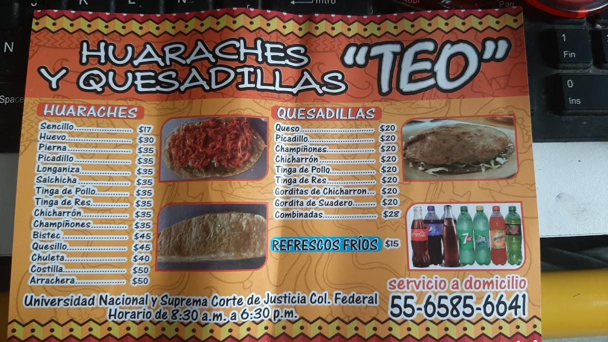 Menu at Huaraches Teo restaurant, Mexico