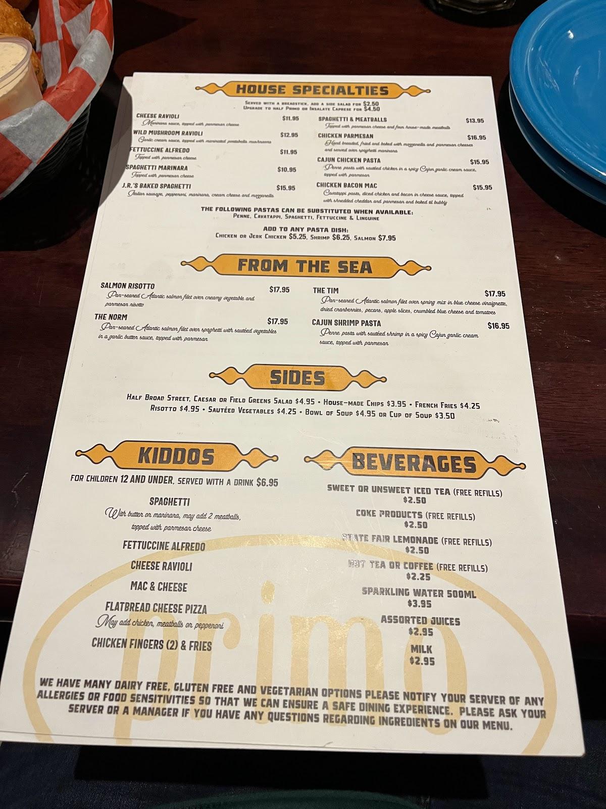 Menu at Primo restaurant, New Castle