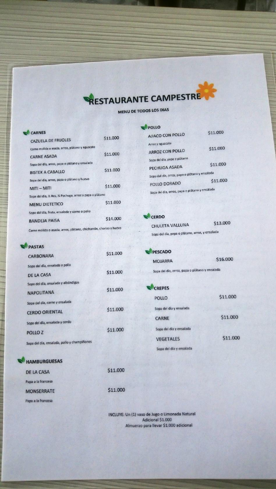 Menu at RESTAURANTE CAMPESTRE, Bogotá