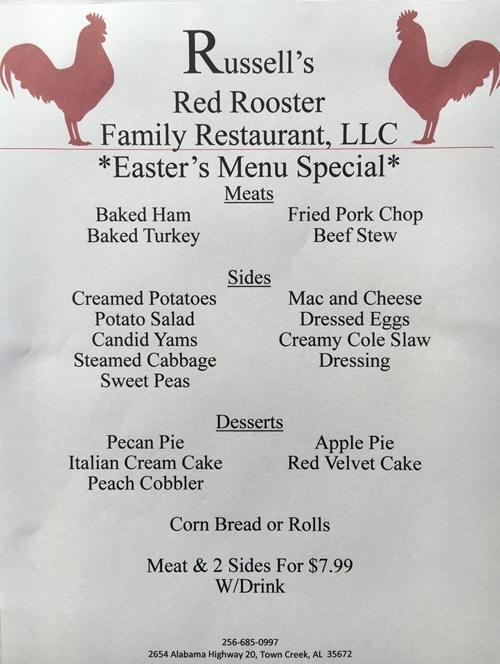 Menu at Russell's Red Rooster Family Dining BBQ, Town Creek