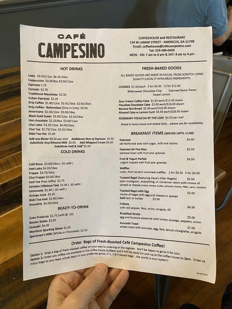 Menu at Cafe Campesino Coffeehouse, Americus
