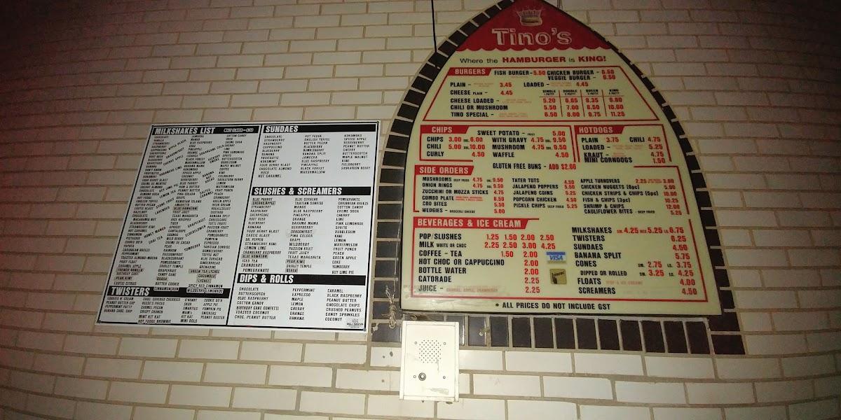 Menu at Tino's fast food, Medicine Hat