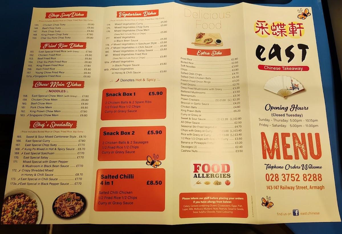 Menu at East Chinese restaurant, Armagh