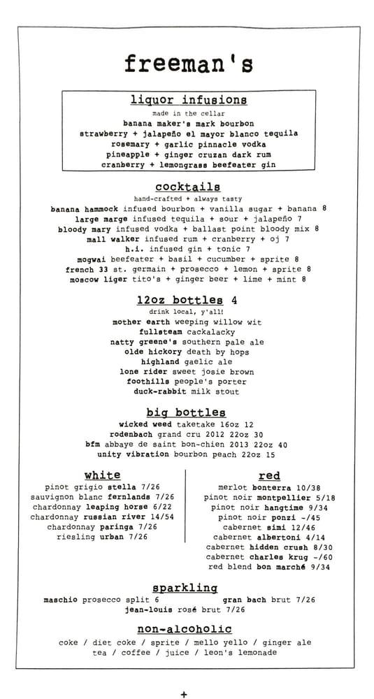 Menu at Freeman's Grub & Pub, Greensboro