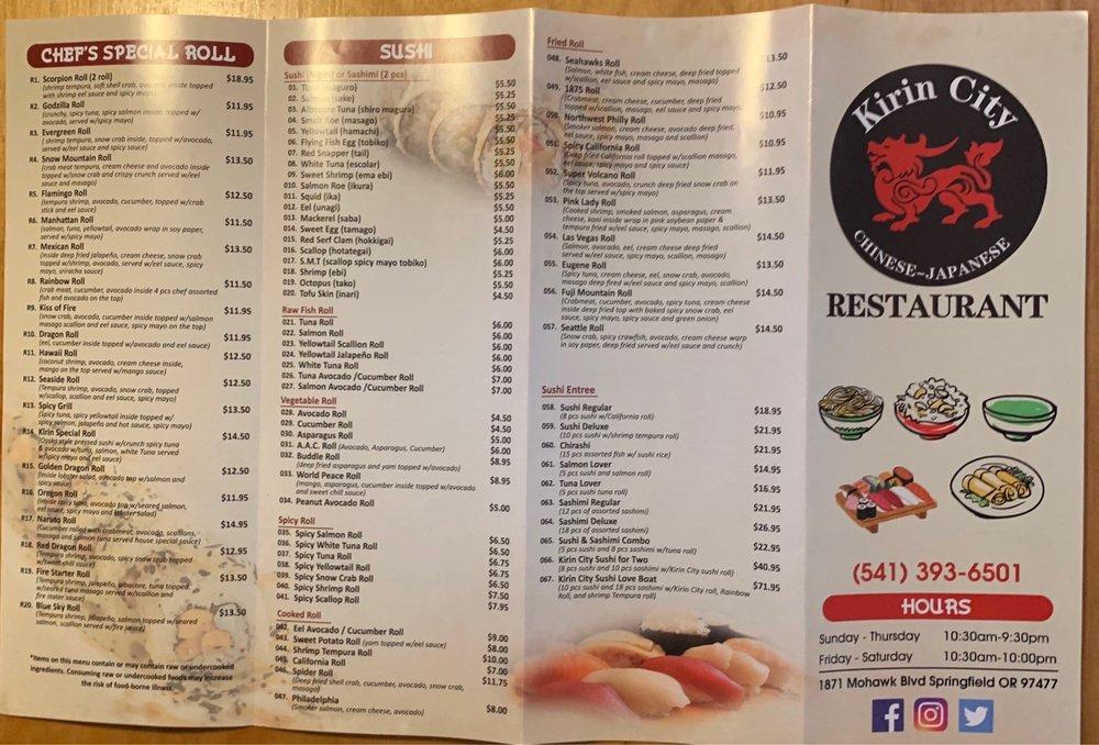Menu at Kirin City Restaurant, Springfield