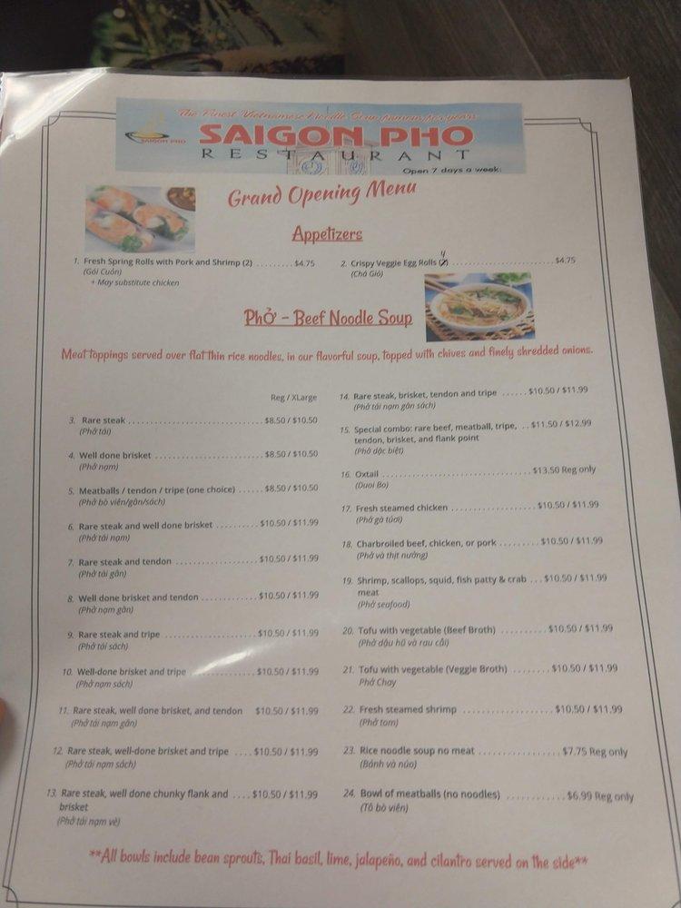 Menu at Saigon Pho Restaurant, Yuma