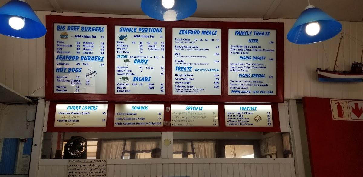 Menu at Trawlers restaurant, Jeffreys Bay