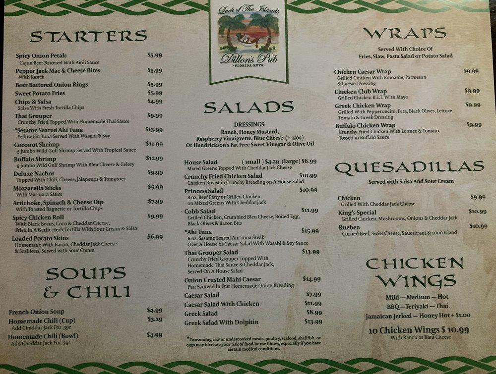 Menu at Dillon's Pub & Grill, Tavernier