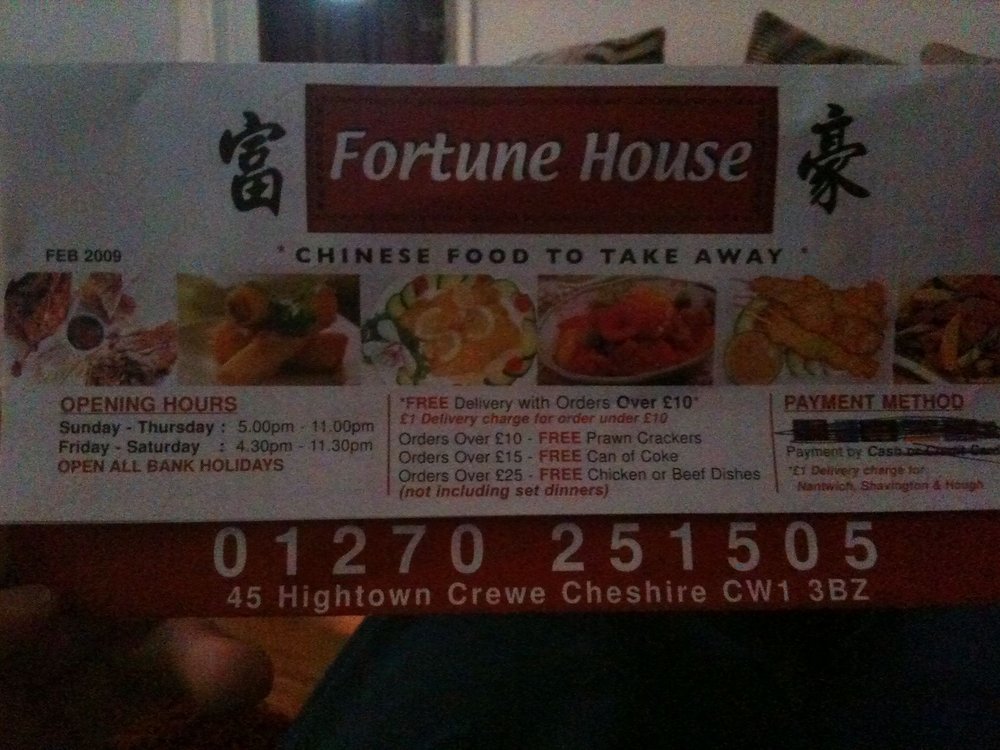 Menu at Fortune house, Crewe