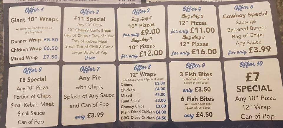 Menu at Golden Fry pizzeria, Tow Law