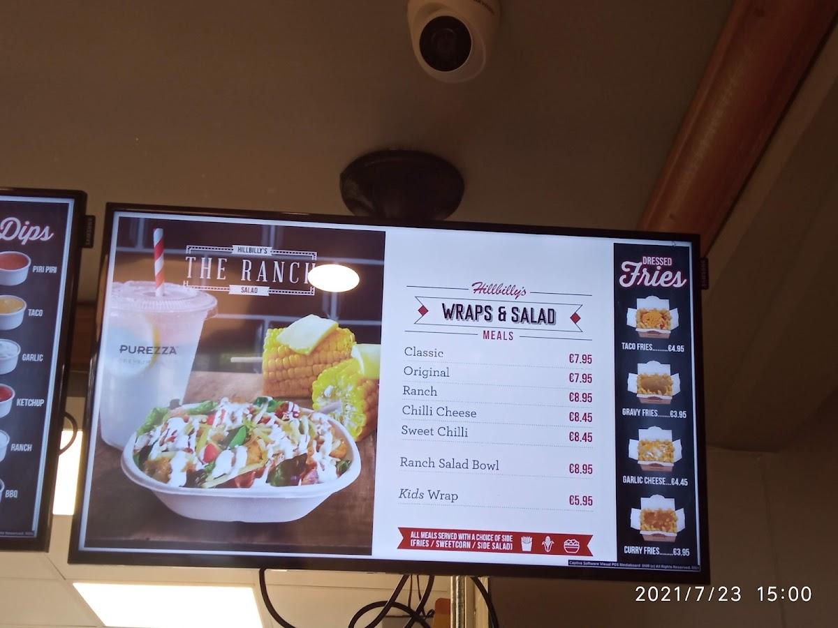 Menu at Hillbilly's Tralee restaurant, Tralee
