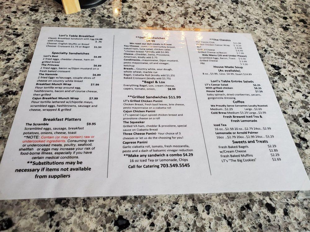 Menu at Lori's Table cafe, Alexandria