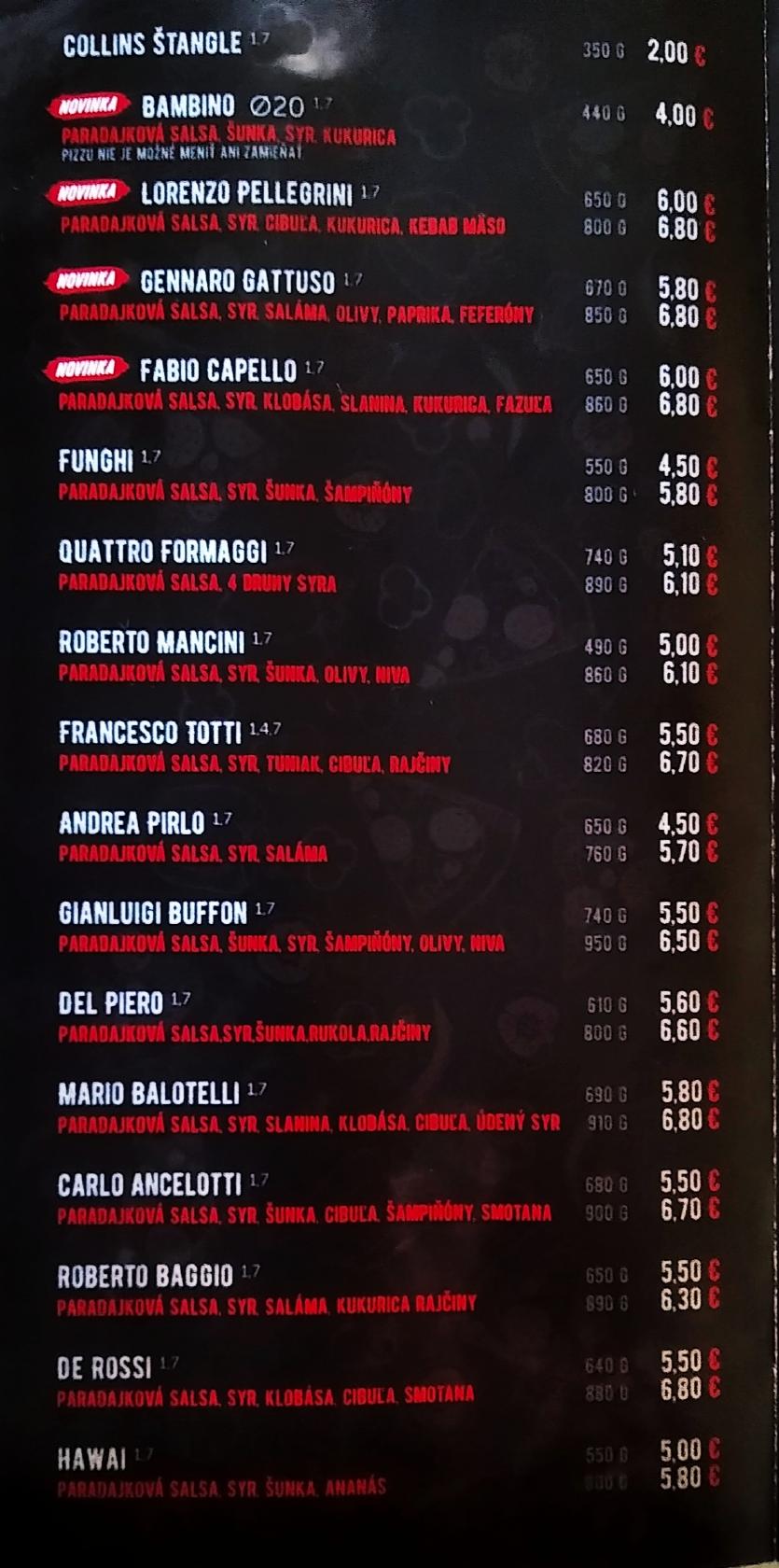 Menu at Pizza Collins restaurant, Dolný Ohaj