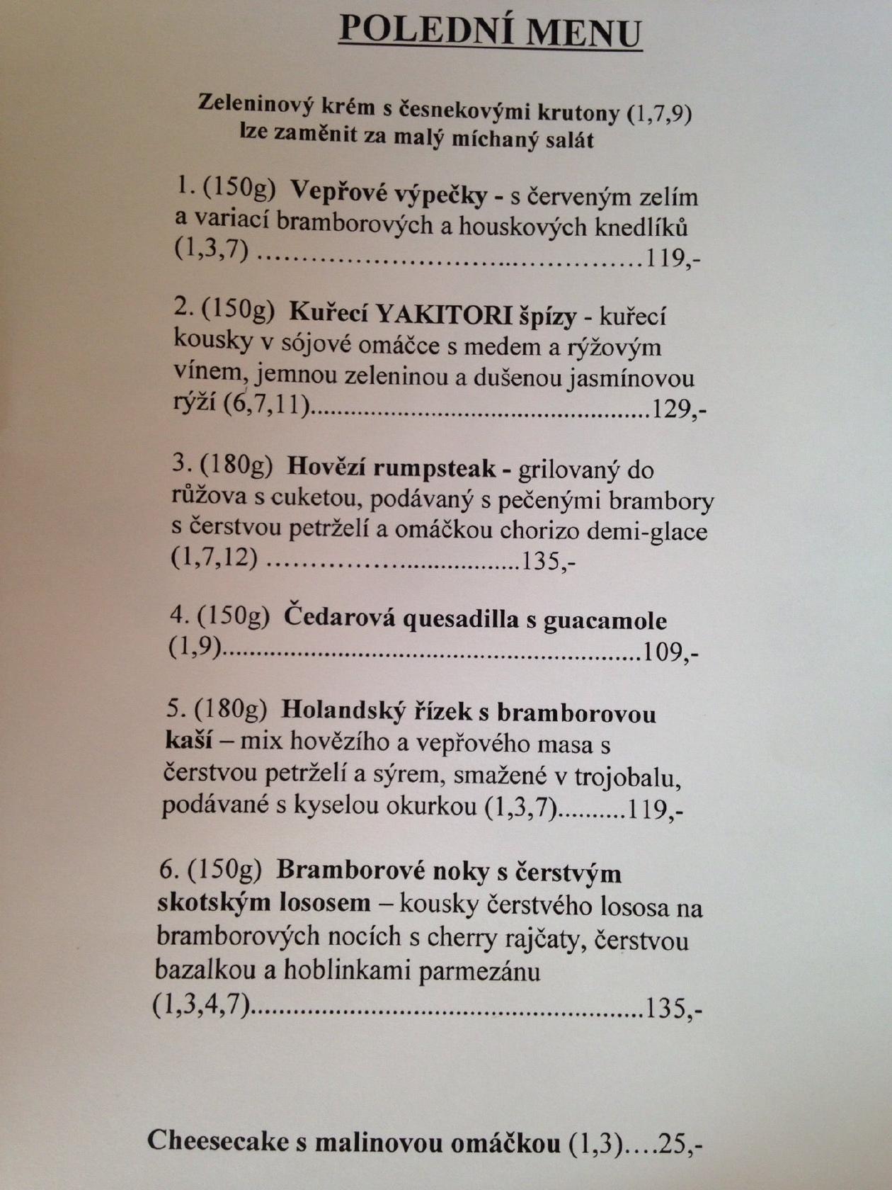 Menu at Příčný řez cafe, Prague