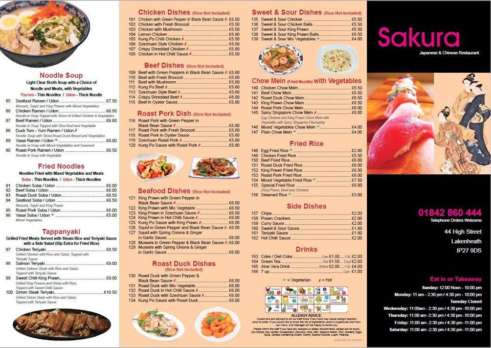 Menu at Sakura restaurant, Brandon