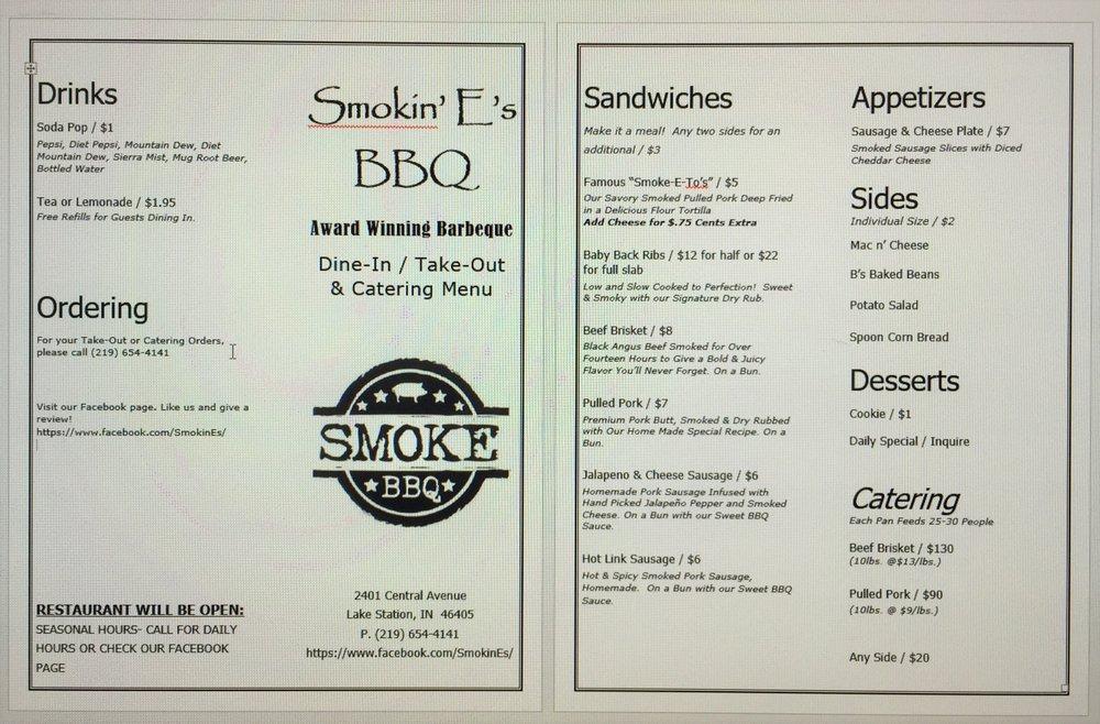Menu at Smokin' E's BBQ, Lake Station, Ripley St