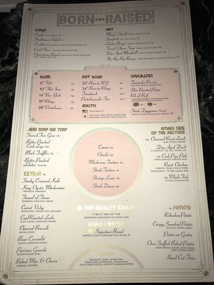Menu at Born and Raised steakhouse, San Diego, India St