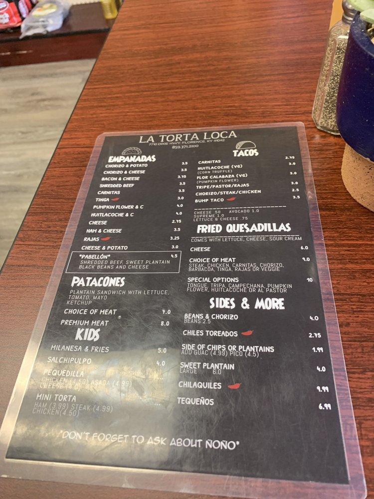 Menu at La Torta Loca restaurant, Florence, Dixie Hwy